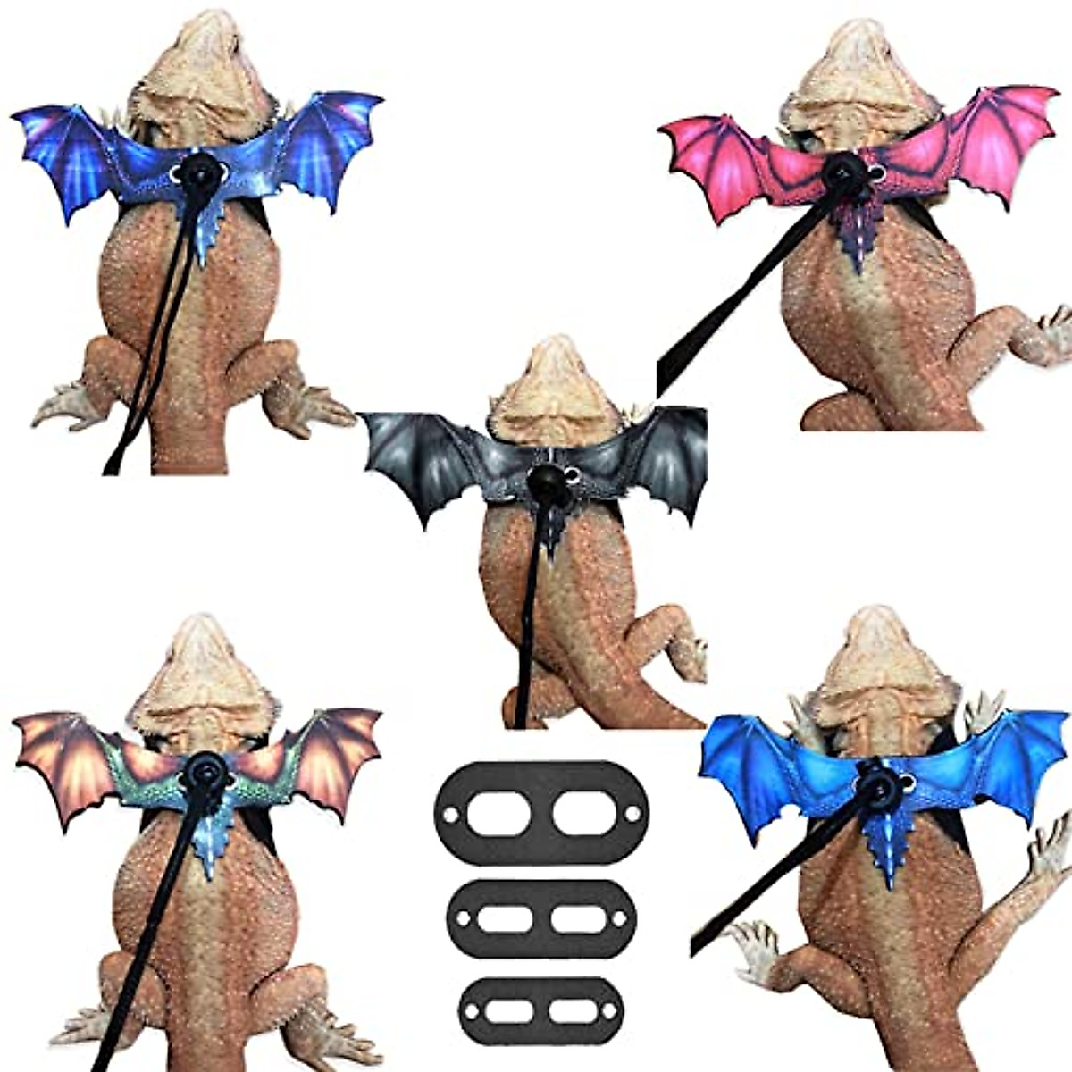 Adjustable Bearded Dragon Harness and Leash,Leather Reptile Leash Outdoor Harness Leash with Bat Wings for Lizard Reptiles Amphibians Small Pet Black Gray B