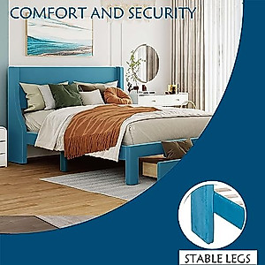 Novaris Queen Size Velvet Upholstered Platform Bed Frame with a Big Drawer, Modern Elegant Platform Bed with Comfortable Headboard & Wood Slats for Bedroom Girls, Easy Assemble (Queen, Blue)