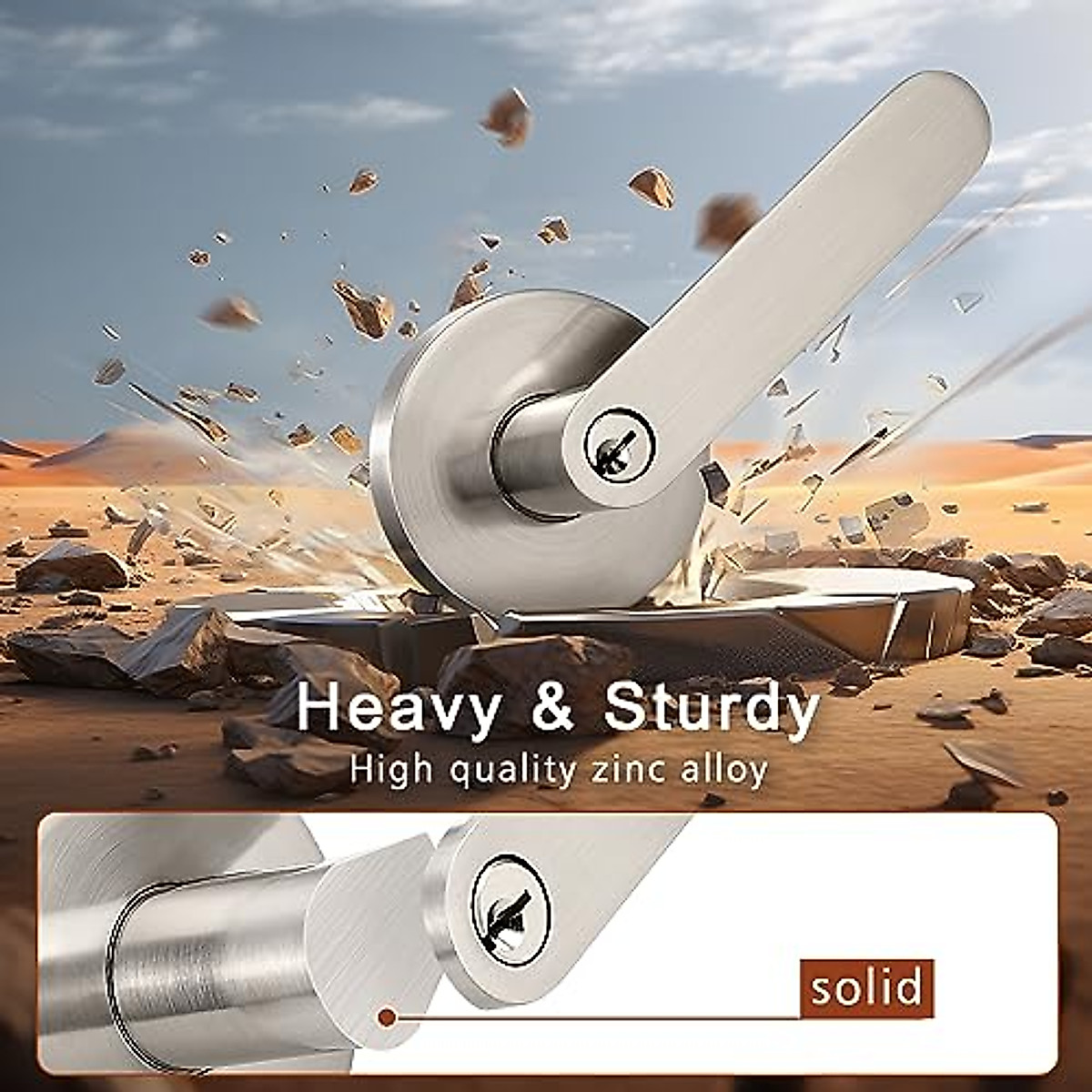 Knobonly Entry Door Handles with Lock and Keys, Satin Nickel Finish Front Exterior Door Levers Keyed Alike, Modern Heavy Duty Entry/Entrance Door Handle Set 1 Pack