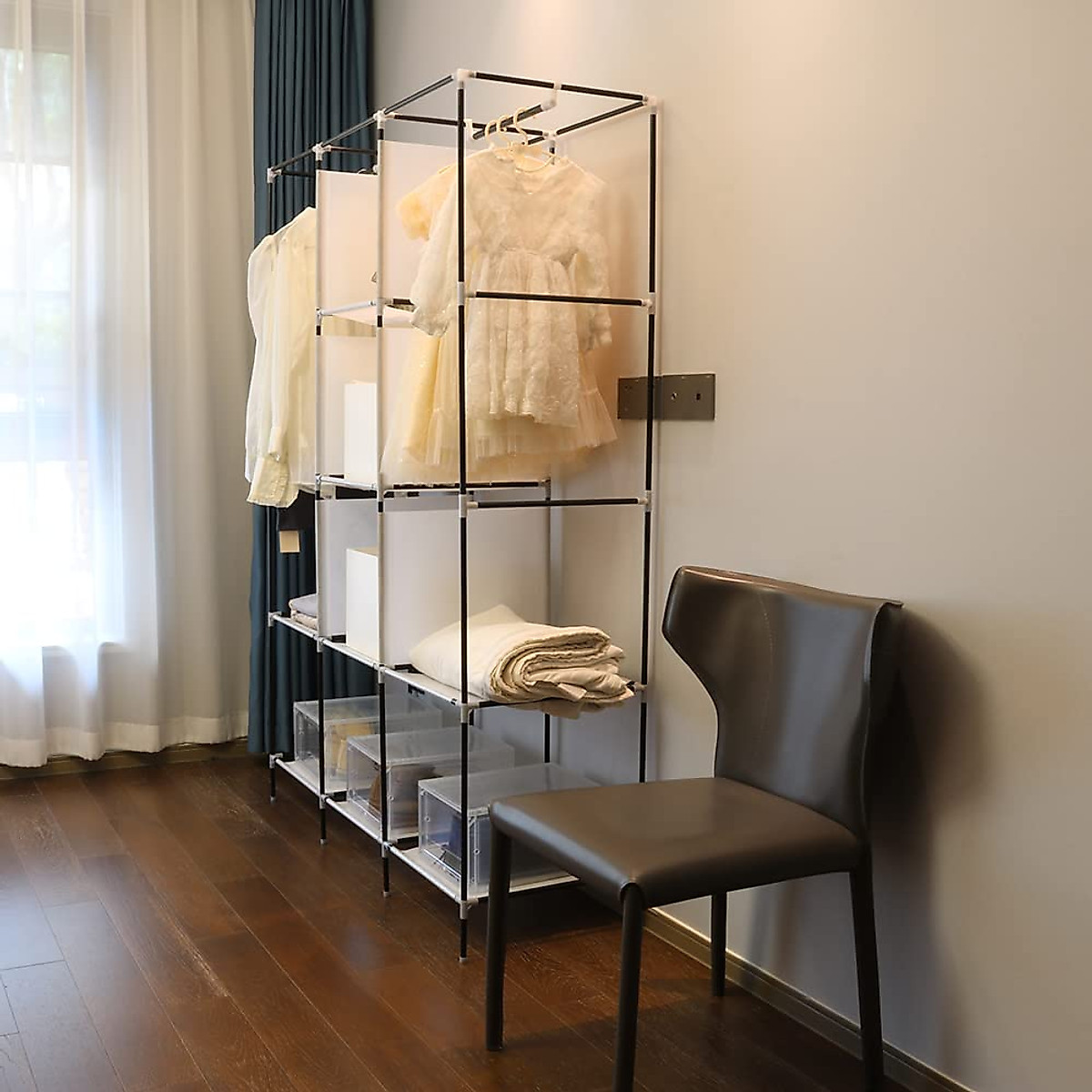 PLKO Portable Wardrobe, Closet Storage Organizer,Portable Clothes Closet Rolling Door Wardrobe with Black Oxford Fabric Cover, Durable and Easy to Assemble(Grey)