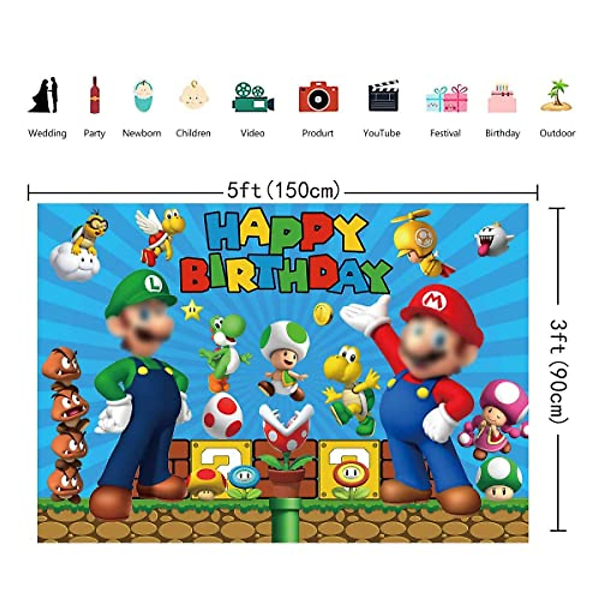 Super Brother Boy Backdrop Adventure Game Mushroom Gold Coins Photography Background Boy Children Birthday Party Baby Shower Supplies Photo Booth Studio Props 5x3FT