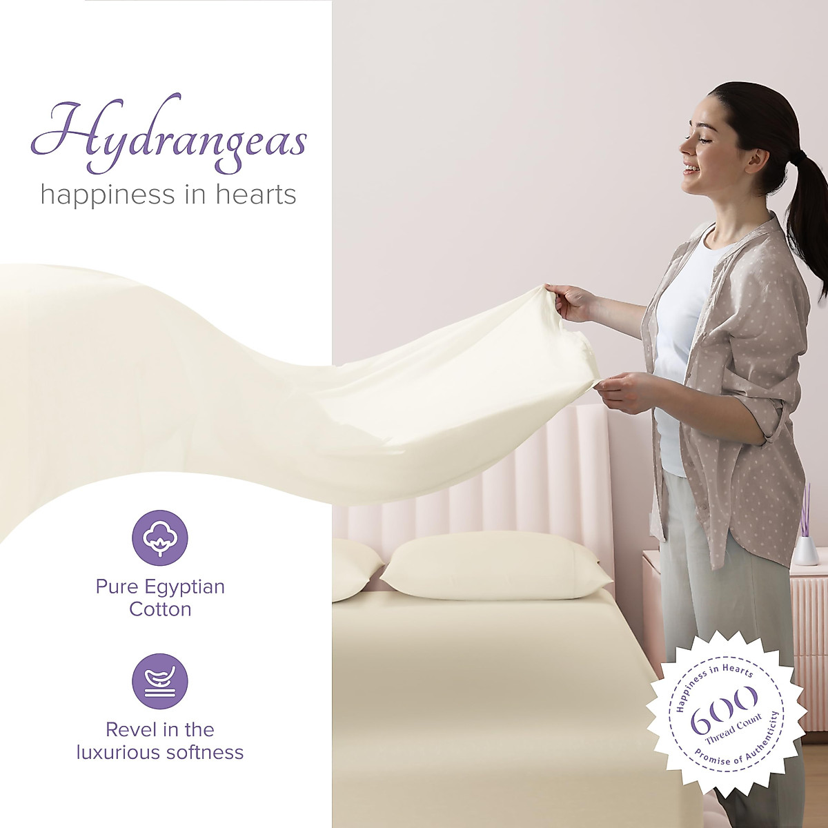 Carressa Linen Luxury Egyptian Cotton 4 PC King Size Sheet Set - 600 Thread Count Deep Pocket Fitted and Flat Sheets, Soft, Cooling Extra Long Staple Hotel-Quality Bedding with Sateen Weave - Ivory