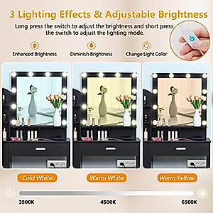 Quimoo Vanity Desk with Mirror and 10 LED Lights, Makeup Vanity with Charging Station and 4 Drawers Chest & Shelves, Vanity Set, Vanity Table with Cushioned Stool, for Bedroom, Black