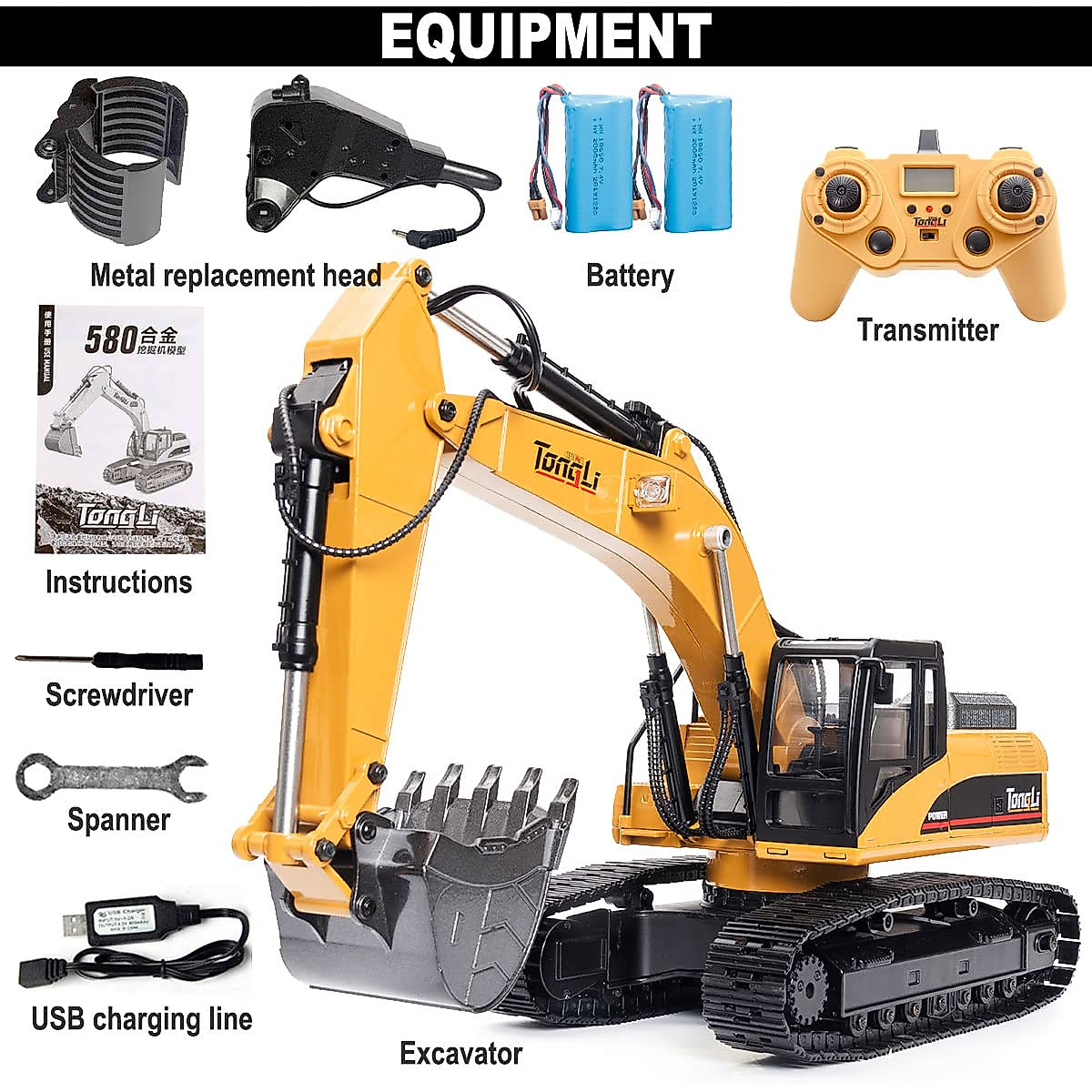 Huina RC Excavator for adults1580 Hobby Remote Control V4 Full Metal RC Excavator Adult huina 580 Construction Vehicle Professional Remote Control Tractor (2 Batteries)