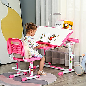 Qaba Kids Desk and Chair Set, Height Adjustable School Study Table and Chair, Student Writing Desk with Tilt Desktop, LED Light, Pen Box, Drawer, Reading Board, Cup Holder, and Pen Slots, Pink