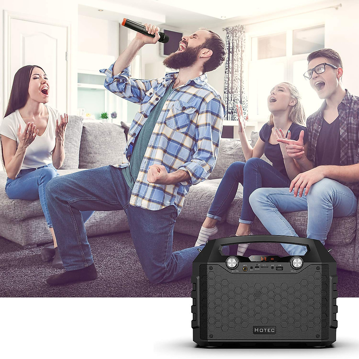 Hotec Wireless Bluetooth Portable PA Speaker System, Powerful Bluetooth Karaoke Machine with Dual Wireless Microphones for Karaoke, Wedding, Party, Teaching, Lecture, Church, Outdoor Indoor Activities