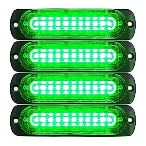 Primelux Strobe Lights for Trucks Green 4.4-Inch Emergency Lights for Vehicles and Cars 10 LED Ultra Slim Strobe LED Lighthead External Emergency Grille Surface Mounting Lights (4-Pack)