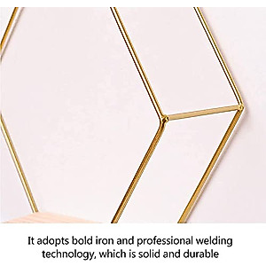 ZUIDSYI Wall Mounted Hexagon Floating Shelves, Metal Framed Gold Shelf with Wooden Wall Floor Storage Shelves, Modern Wall Decor for Living Room, Bedroom, Kitchen, Office, Set of 3 Size
