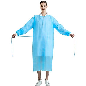 ProtectX (Blue 10 Pack Disposable Breathable Polypropylene Isolation Gown with Elastic Knit Cuffs, Covered Back, Extra-Long Double Ties, Universal Size