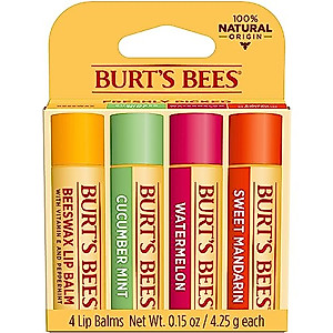Burt's Bees Lip Balm - Original Beeswax, Cucumber Mint, Watermelon & Sweet Mandarin, With Responsibly Sourced Beeswax, Tint-Free, Natural Origin Treatment, 4 Tubes, 0.15 oz.