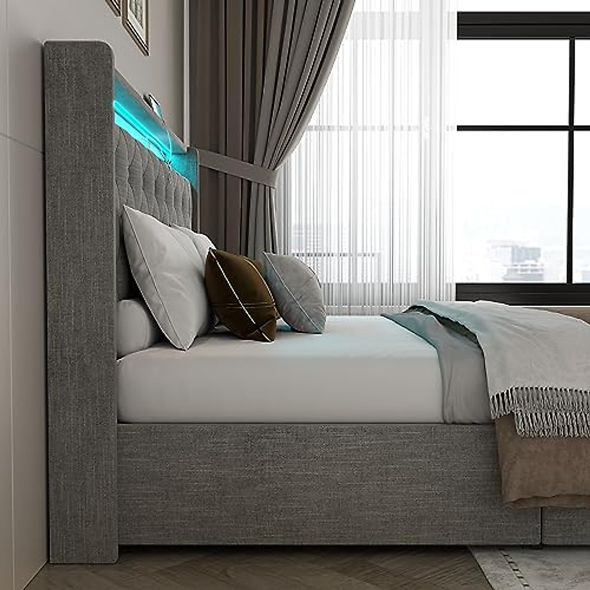 Loomie Queen Lift Up Bed Frame with Charging Station & LED Lights, Upholstered Bed with Button Tufted Wingback Storage Headboard, Hydraulic Storage, No Box Spring Needed, Wood Slats Support,Light Grey