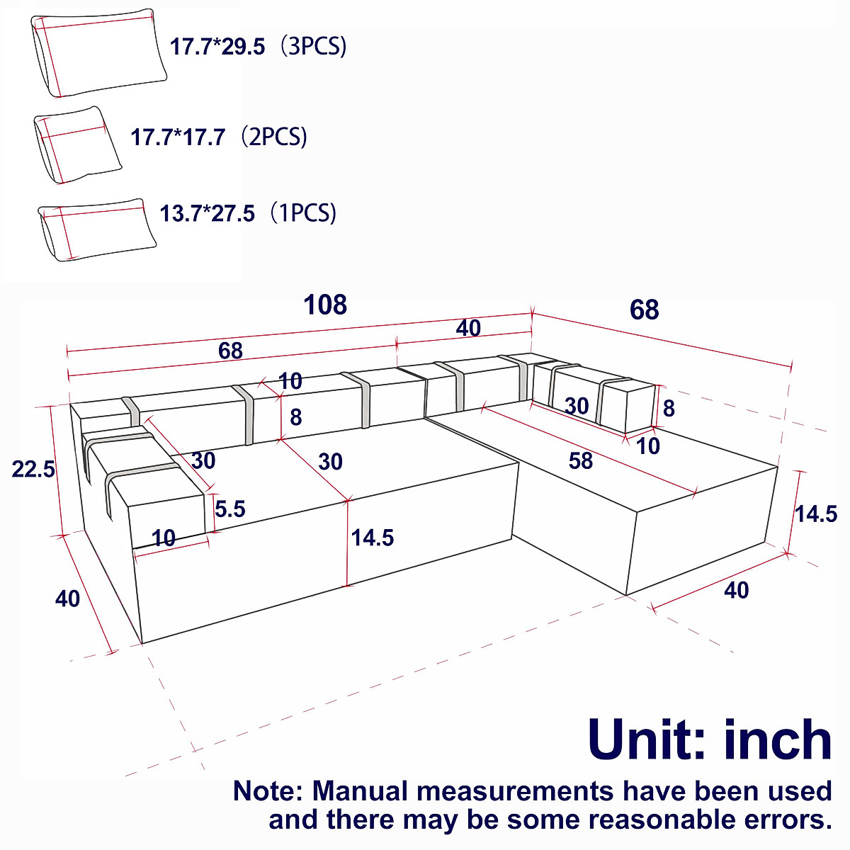 108" Modular Sofa Couch Convertible Sectional Sofa for Living Room Bedroom, Modern Chenille Upholstered Sectional Sofa Couch Set, L-Shaped Couches with 6 Pillows for Home Office, Beige(Right Chaise)