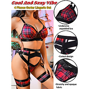 Kaei&Shi Garter Belt Thong Lingerie for Women,Strappy Hollow Out Sexy Lingerie,Underwire Mesh Sheer Matching 4 Piece Lingerie Set Boudoir Outfits Costumes Black Red Plaid 2X-Large