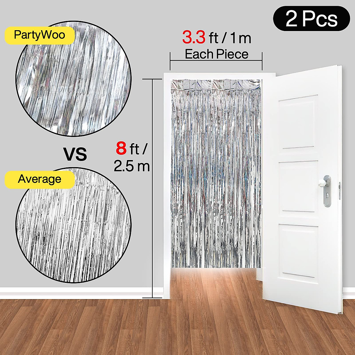 PartyWoo Foil Fringe Curtains Silver, 2 pcs 3.3x6.6 ft Silver Streamers, Fringe Backdrop, Tinsel Backdrop, Tinsel Curtain, Metallic Door Shimmer, Birthday Party Streamers, Christmas Decorations