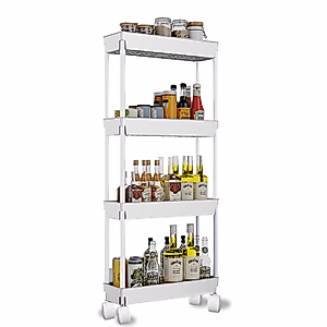 4 Tier Kitchen Bathroom Storage Rolling Cart 39 Inches Tall Slim Utility Rolling Shelf Cart with 4 Universal Wheels Coner Storage Shelves Cart White