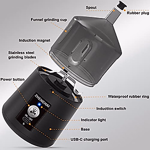 ZHENGHAI Electric Herb Grinder 150W Spice Grinder USB-C Rechargeable, Compact Size, Easy On/Off. Fast Grinding Dry Spices Herbs, with Pulse Mode and Cleaning Brush (Black)