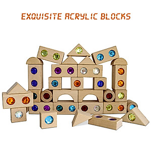 Wooden Building Blocks with 50 Pcs Rainbow Stacker Sensory Blocks Stacking Game Construction Building Toys Set Preschool Construction Color Block Learning Educational Toys for 3-5 Toddlers Boys Girls