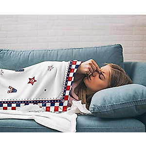 4th of July Throw Blanket, America Flag Farm Truck Fuzzy Soft Plush Independence Day Flannel Blankets Cozy Warm Fleece Bed Throws for Women/Men/Kids/Teens Blue Red White Buffalo Plaid 50x60In