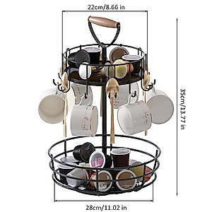 Coffee Mug Holder, 360 Degree Rotatable Mug Tree Stand, 2 Tiers Handle Coffee Cup Holder with 10 Mug Hooks, Coffee Pod Holder with Cup Pods, Saucer Basket Storage & Handle for Kitchen Coffee Bar
