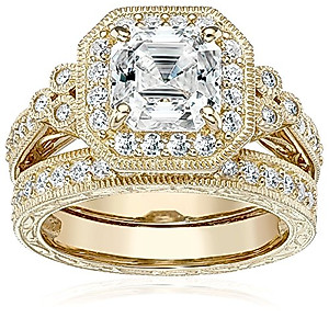 Amazon Essentials Yellow Gold Plated Sterling Silver Infinite Elements Cubic Zirconia Asscher Antique Wedding Ring, Size 5, (previously Amazon Collection)