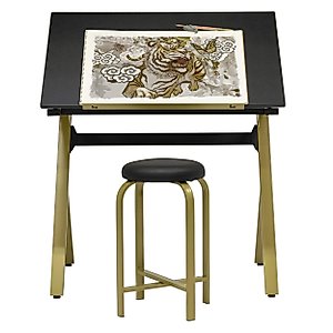 SD STUDIO DESIGNS Stellar 36" Wide Craft/Drawing Table with Adjustable Top and Padded Stool Set, Gold/Black