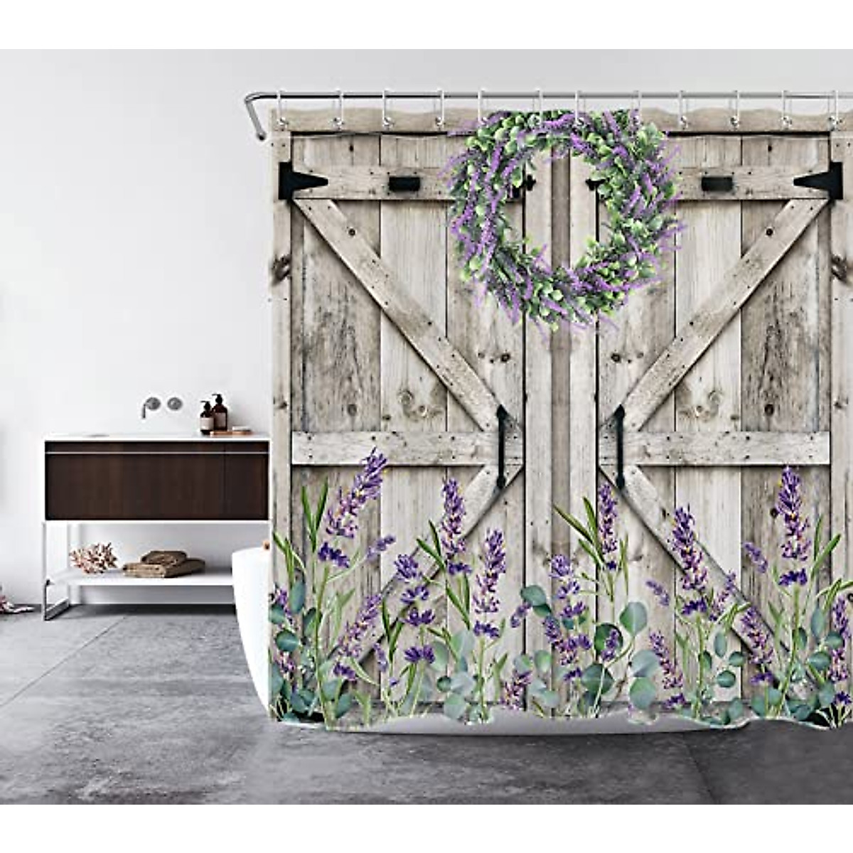LB Western Barn Door Shower Curtain Sets with Rugs Purple Lavender and Green Eucalyptus Wreath Fabric Shower Curtain with Hooks Rustic Wood Board Bathroom Curtains Shower Set, 72x72 inches
