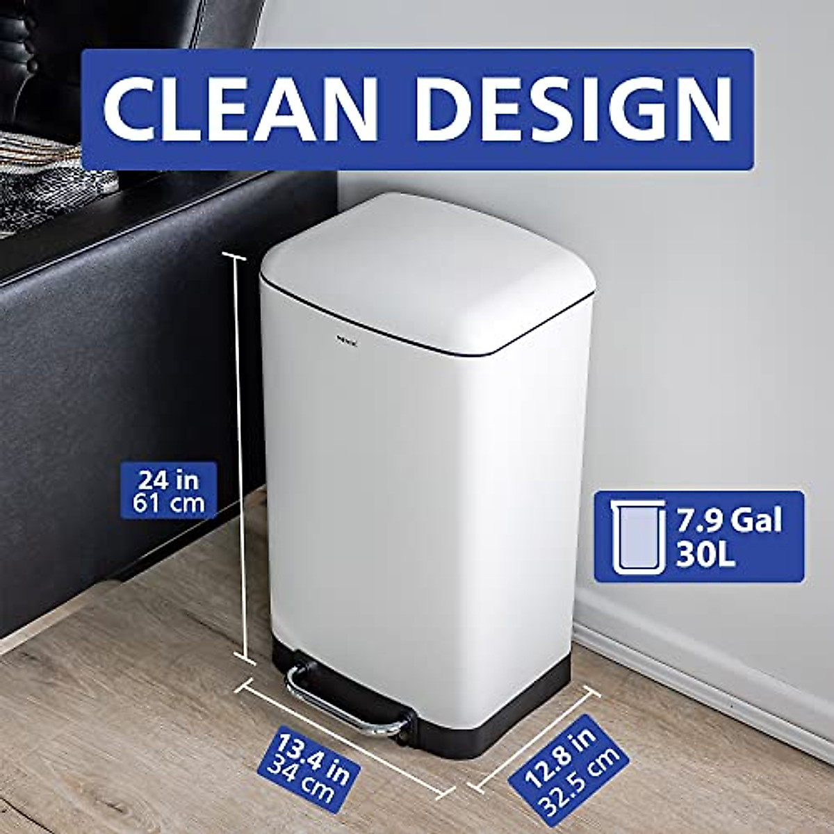 WENKO 54920218 8 Gallon Kitchen with Foot Pedal, Hands Free, Made of Steel, Dimensions (WxHxD): 13.4x24x12.8 in, Trash Can with lid, White