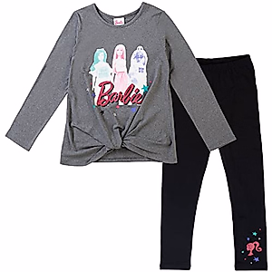 Barbie Little Girls Knotted Long Sleeve Graphic T-Shirt & Leggings Grey/Black 7-8