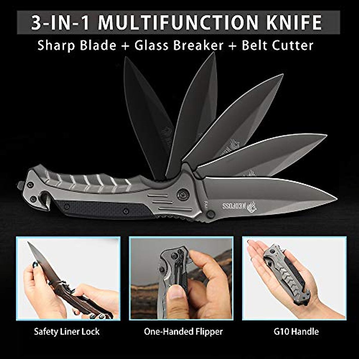 NedFoss Knifes Pocket Knives for Men, Folding Pocket Knife with Glass Breaker, Seatbelt Cutter, G10 Handle, Thumb Stud for Emergency Rescue, Household, Workshop (FA46)