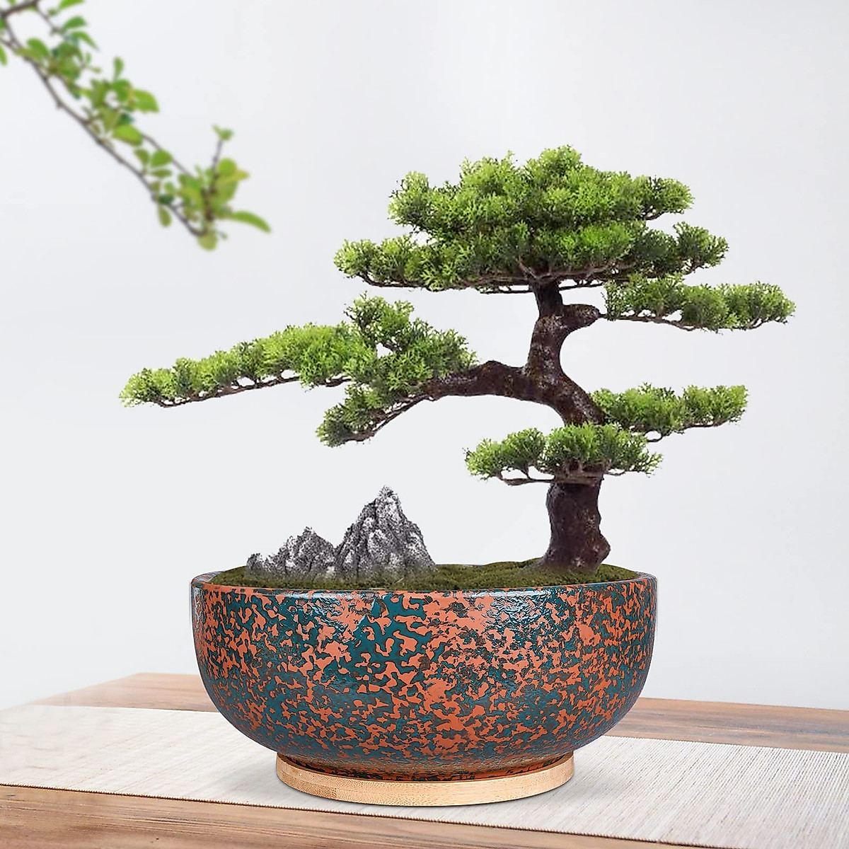 Fivepot 10+8 Inch Ceramic Succulent Planter Pots with Drainage Hole Clay Flower Pot for Indoor Plants Round Shallow Bonsai Pot with Bamboo Tray White