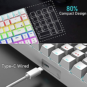 Mechanical Gaming Keyboard and Mouse Combo with 20 Rainbow Backlight 84 Key Anti-ghosting Ergonomic Waterproof Type-C Wired 2400 DPI Honeycomb Mice for PC Mac Gamer Computer Typist(White/Blue Switch)