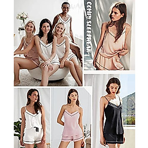 SWOMOG Women's Silk Satin Pajamas Set Lingerie 2Pcs Pjs Cami Top and Shorts Nightwear White