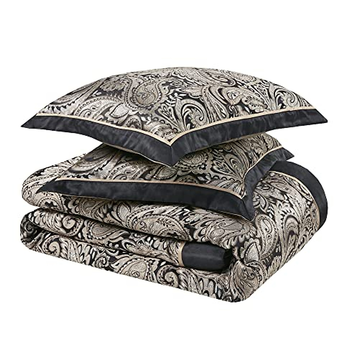 Madison Park Comforter Set, Faux Silk Jacquard Paisley Design - All Season Down Alternative Bedding with Bedskirt, Decorative Pillow, Queen(90 in x 90 in), Black 7 Piece