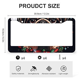 Pug Dog Wearing A Santa License Plate Cover 2 Pack Xmas Lovely Dogs Auto Car Accessories Tag for Women Men US Vehicles 2 Round Holes Stainless Aluminum License Plate Frames