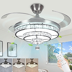 DLLT 42'' Crystal Ceiling Fan with Light, 36W Modern Reversible Ceiling Fan Remote, 3-Blade Retractable LED Fan Chandelier Indoor for Living Room, Bedroom, Dining Room, 3CCT 3000K-6000K, Nickel