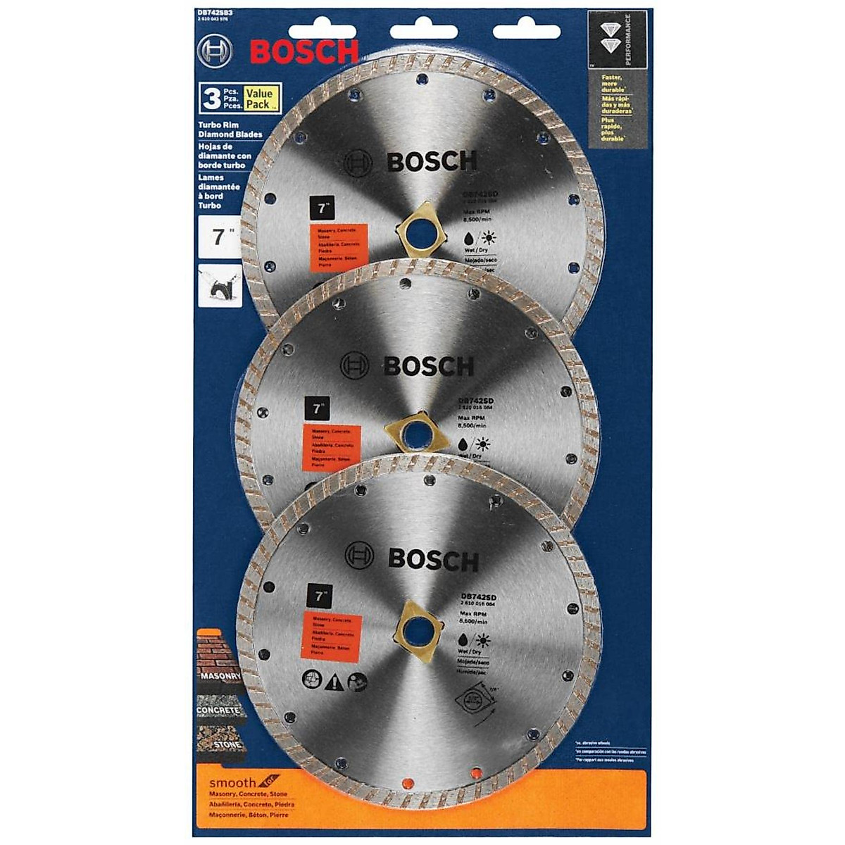 Bosch DB742SB3 3 pc. 7 In. Standard Turbo Rim Diamond Blades for Smooth Cuts