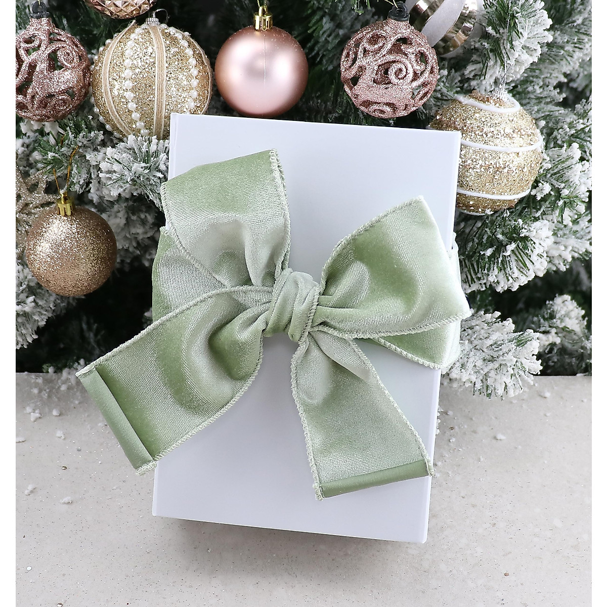 DINDOSAL Sage Green Velvet Ribbon Wired 2.5" x 10 Yards Green Christmas Ribbon Wired Edge Christmas Tree Wired Ribbon for Wreaths, Tree Topper Bows, Crafts, Home Decor, Gift Wrapping