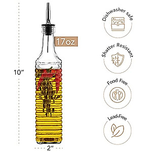 MosJos Oil and Vinegar Dispenser Set - 17 oz Ribbed Glass Olive Oil & Vinegar Cruet Set - Non-Drip, BPA-Free, Dishwasher Friendly Bottles with Stainless Steel Spouts (‎Clear Square)