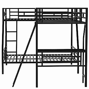 UBGO Bunk Bed Loft Bed 2 in 1, Twin Over Full Bunk Bed with One Twin Loft Bed, Metal Bunk Bed, L Shaped Bunk Bed Loft Bed with Desk, Bedroom/Guest Room Triple Bunk Bed, Black