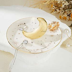 LotFancy Jewelry Dish, Moon Ring Dish Holder, Ceramic Trinket Jewelry Tray for Earring Bracelet Necklace Wedding Engagement Gift