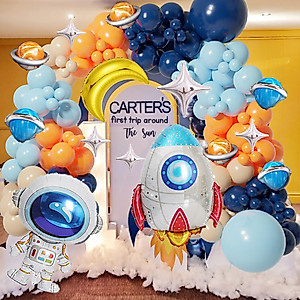 125Pcs Space Themed Balloon Arch Kit Navy Blue Orange Balloon Garland With Silver Tassels Galaxy, Astronaut & Rocket Decorations For Outer Space Parties, Boy Kid Birthday decoration