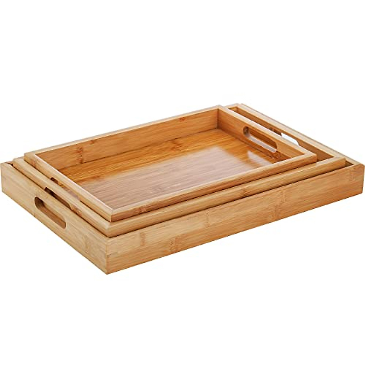 Jucoan 3 Pack Bamboo Serving Tray Kitchen Food Tray with Handles, Rectangle Wooden Food Serving Platters for Breakfast Dinner Snack Drinks, Large Medium & Small Serving Tray for Dinners Party, Tea Bar