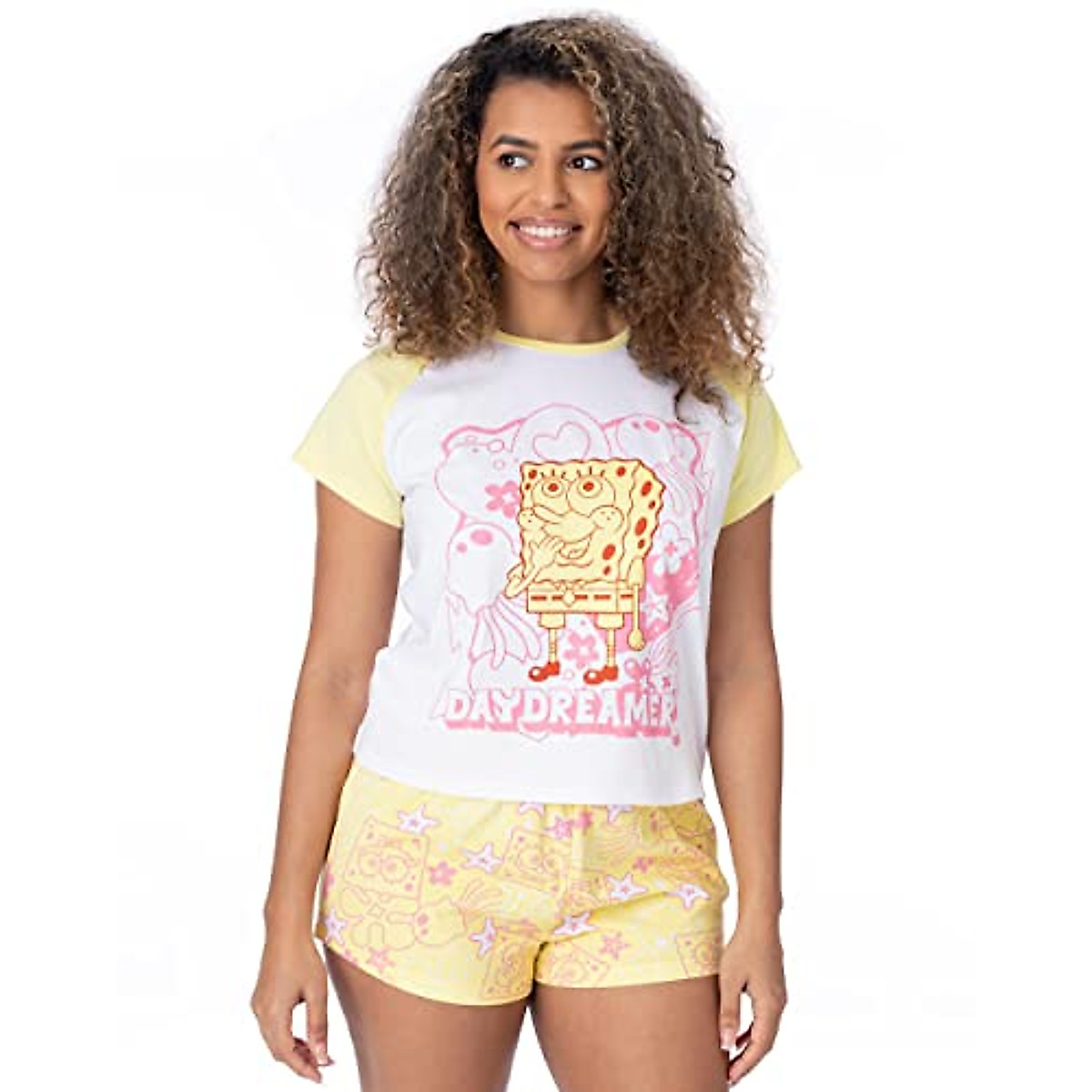 SpongeBob SquarePants Womens Pajama Set | Ladies Raglan T-Shirt & Yellow Elasticated Shorts | Daydreamer Coral & Jellyfish