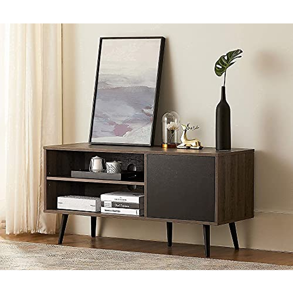 Mid Century Modern TV Stand for 55 inch Flat Screen, Wood TV Cabinet Media Console with Storage, Home Entertainment Center for Living Room Bedroom, 50'' Black/Espresso