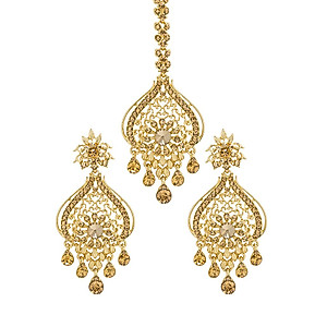 Bindhani Golden Rhinestone Head Piece Maang Tikka & Indian Earrings For Women