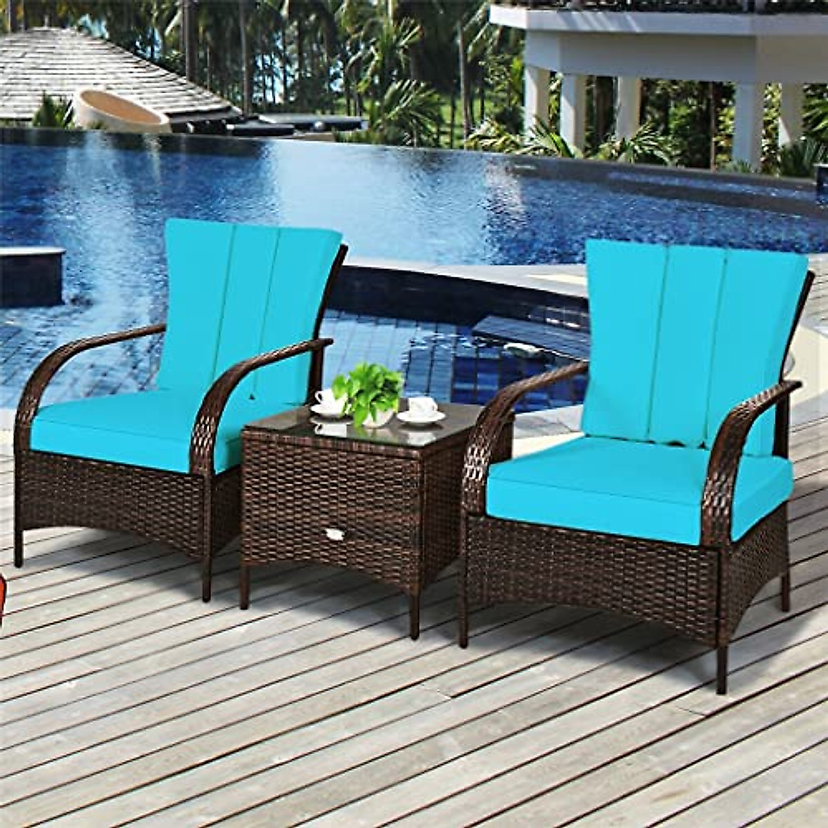 WYKDD 3 PCS Patio Rattan Furniture Set Coffee Table & 2 Rattan Chair with Cushions Comfortable and Breathable (Color : E)