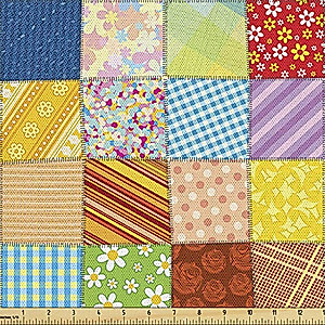 Lunarable Colorful Fabric by The Yard, Quilt Style Floral Plaid and Geometric Design Old Fashioned Patchwork Pattern, Decorative Fabric for Upholstery and Home Accents, 2 Yards, Multicolor