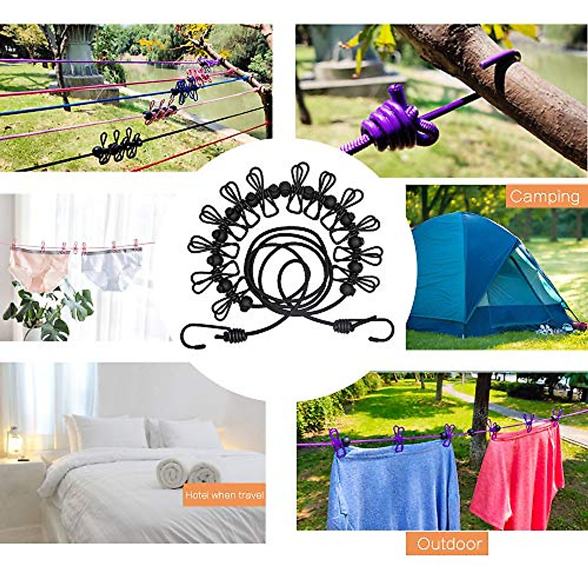 YOROYAL Travel Elastic Clothesline with 6pcs Portable Adjustable Clothes Hanger, 1 Pack Drawstring Organizer Backpack, Perfect for Camping, Hotel and Other Outdoor / Indoor Use (Black)