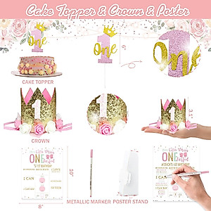 125 PCs First Birthday Decorations for Girl, Fiesec Little Miss Onederful 1st Birthday Party Decorations Backdrop Balloon Garland Monthly Photo Highchair Banner Box Cutout Cake Topper Crown Poster