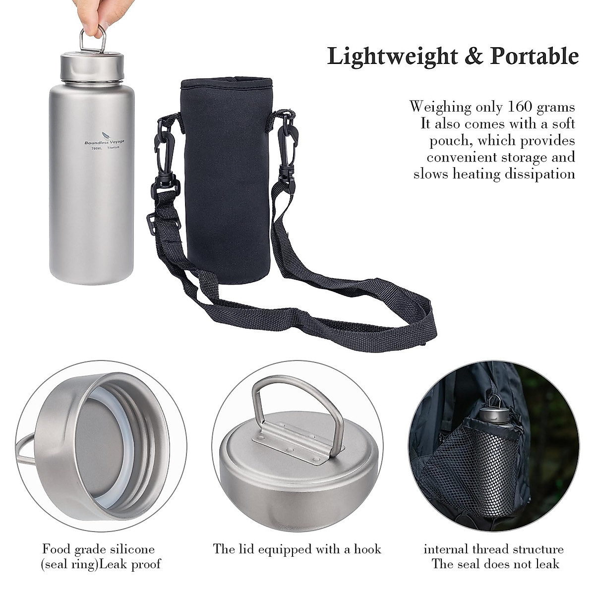 Boundless Voyage Titanium Bottle Single-layer Sports Water Bottle Ultralight Leakproof Drinkware for Outdoor Camping Hiking 700ml-Ti3012D